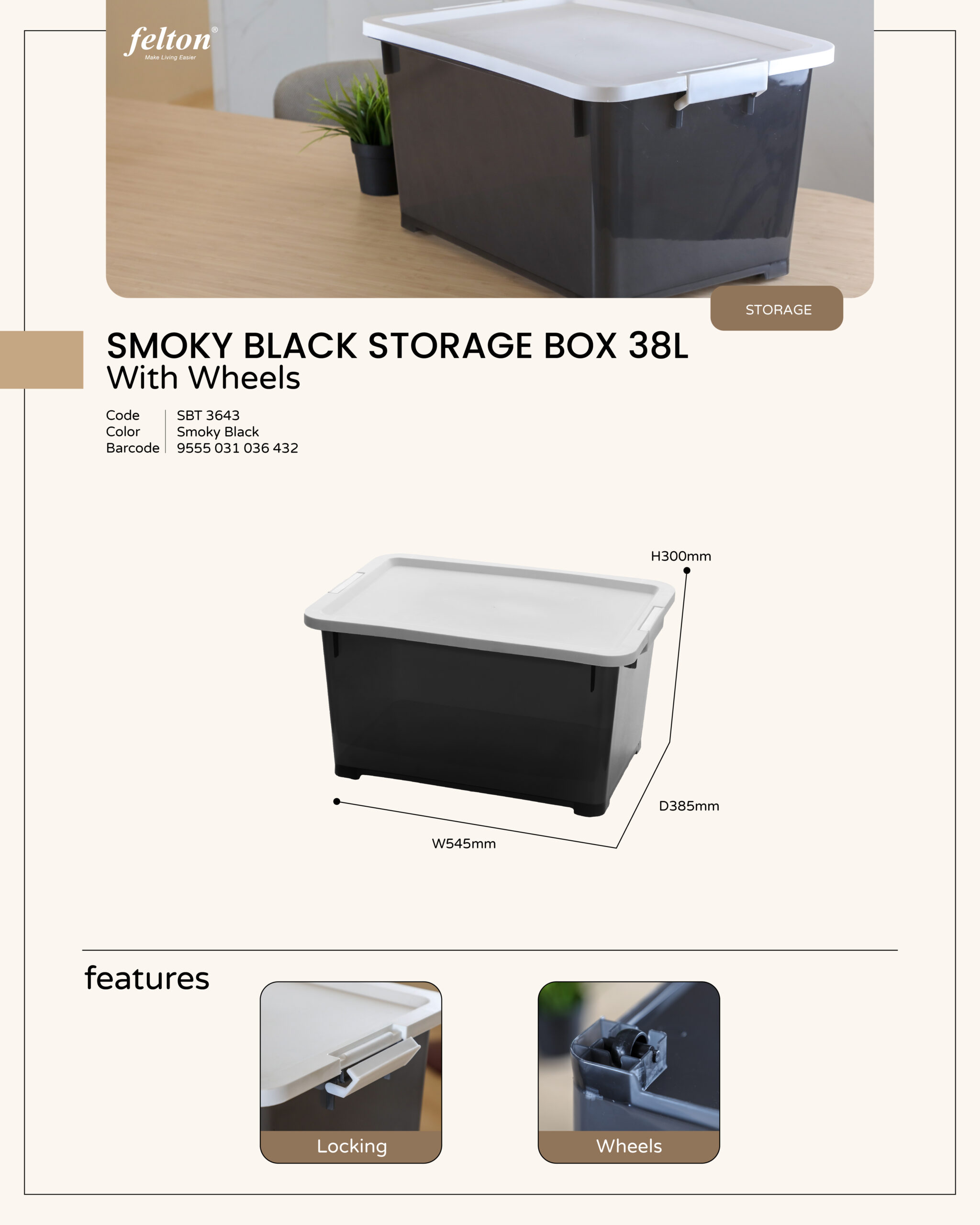 Smoky Black Storage Box With Wheels Series - Felton
